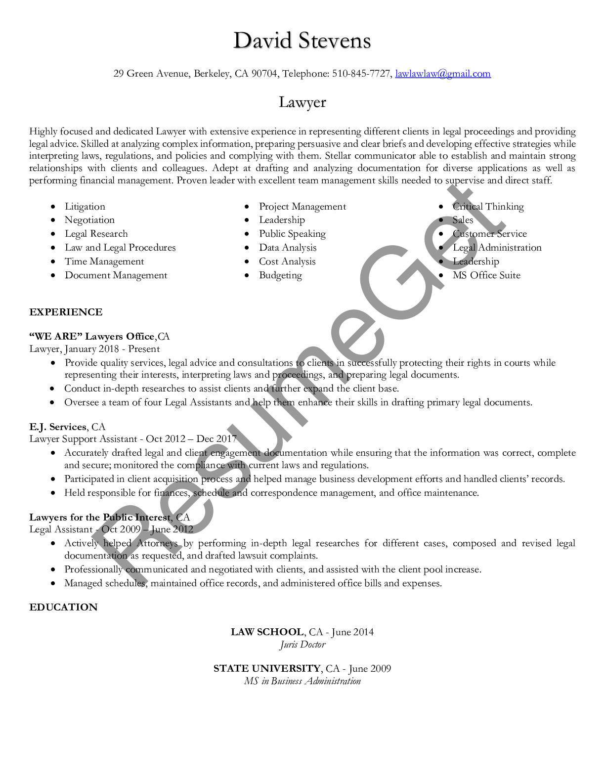 Lawyer Resume Examples | ResumeGets.com